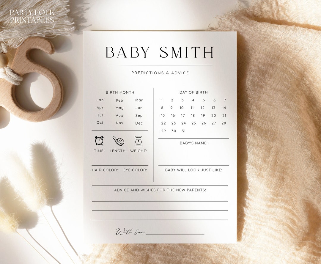 Personalized Minimalist Baby Shower Predictions and Advice Card ...