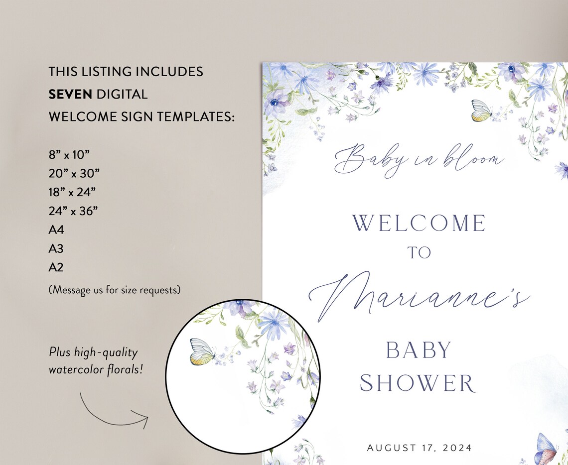 Blue Baby in Bloom Baby Shower Welcome Sign Template, Printable Blue ...