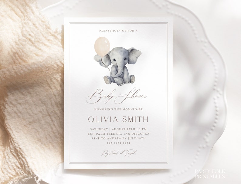 Elephant Balloon Baby Shower Invitation Template, Gender Neutral ...