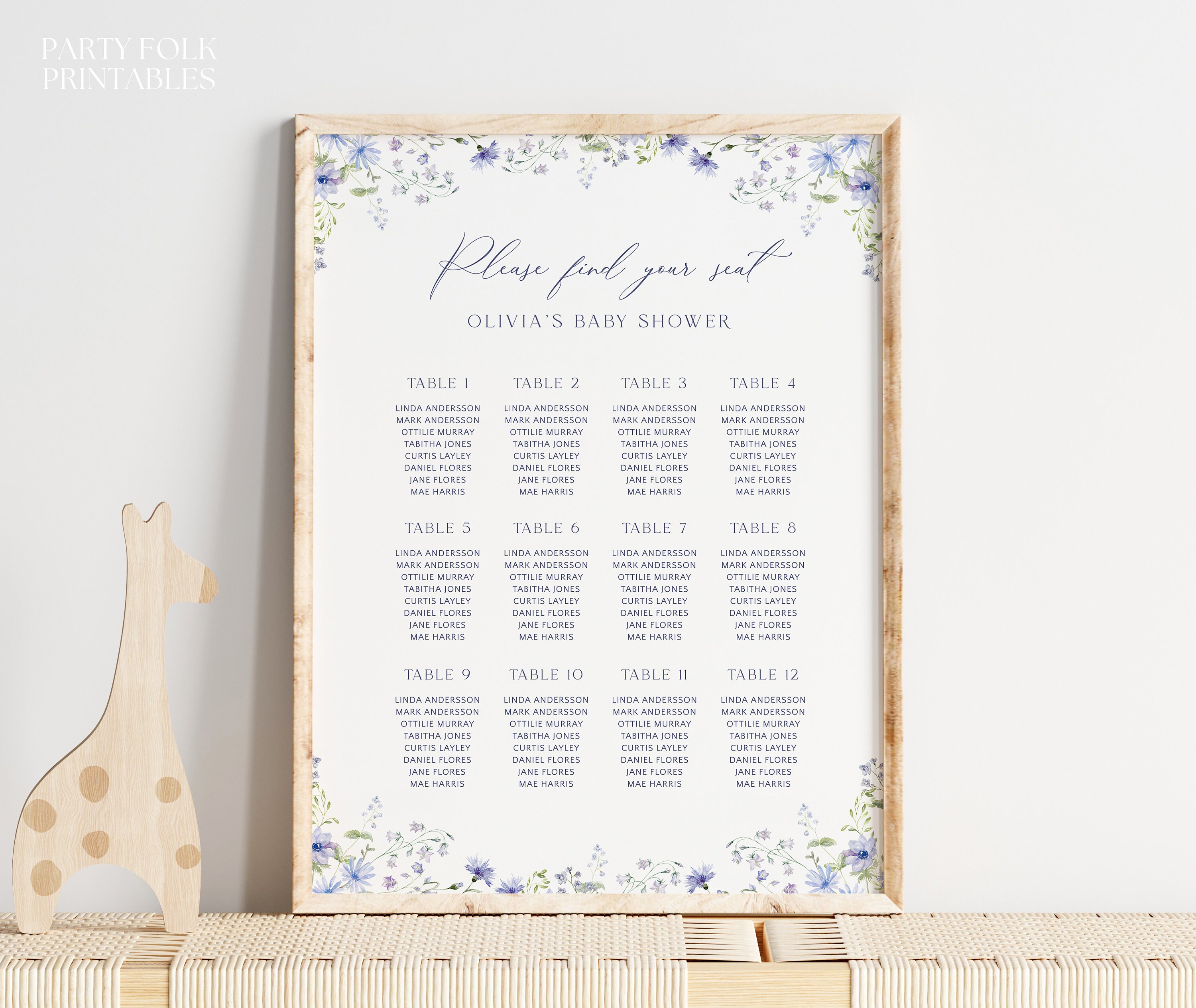 Editable Blue Floral Seating Chart Template, Instant Baby in Bloom ...