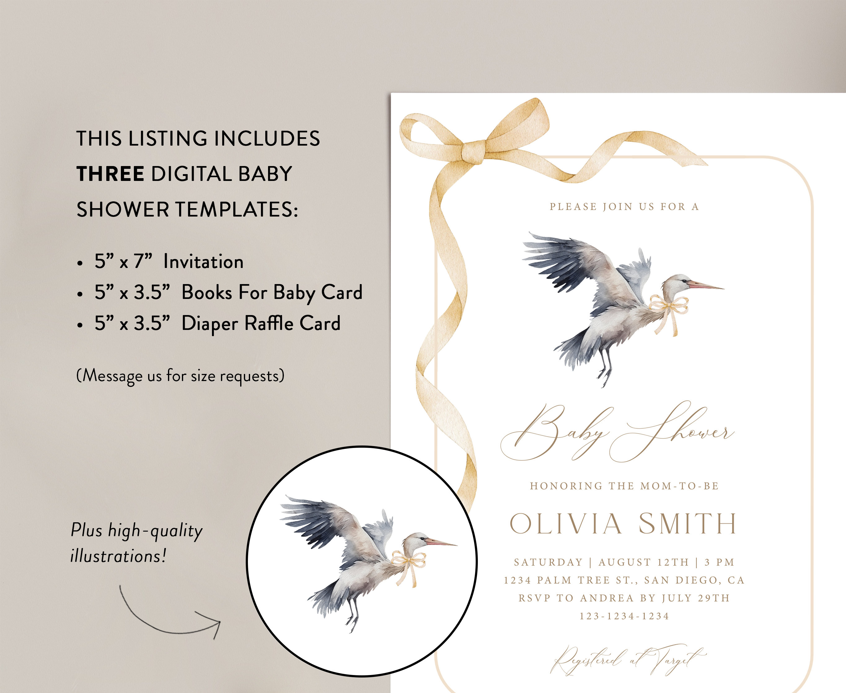 Neutral Stork Bow Baby Shower Invitation Template Set, Gender Neutral ...