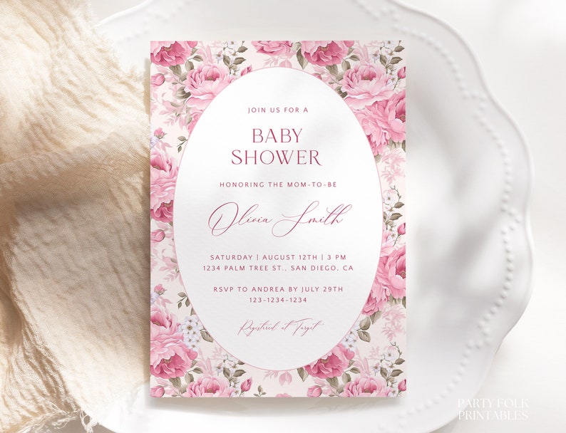 Pink Roses Baby Shower Invitation Template Set, Editable Shabby Chic ...