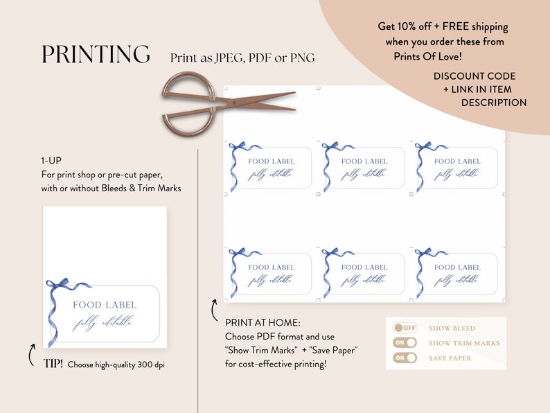 Editable Navy Blue Bow Buffet Card Template, Blue Food Label, Royal ...