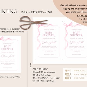 Editable Pink Bow Baby Shower Invitation Template, Blush Pink Girl Baby ...