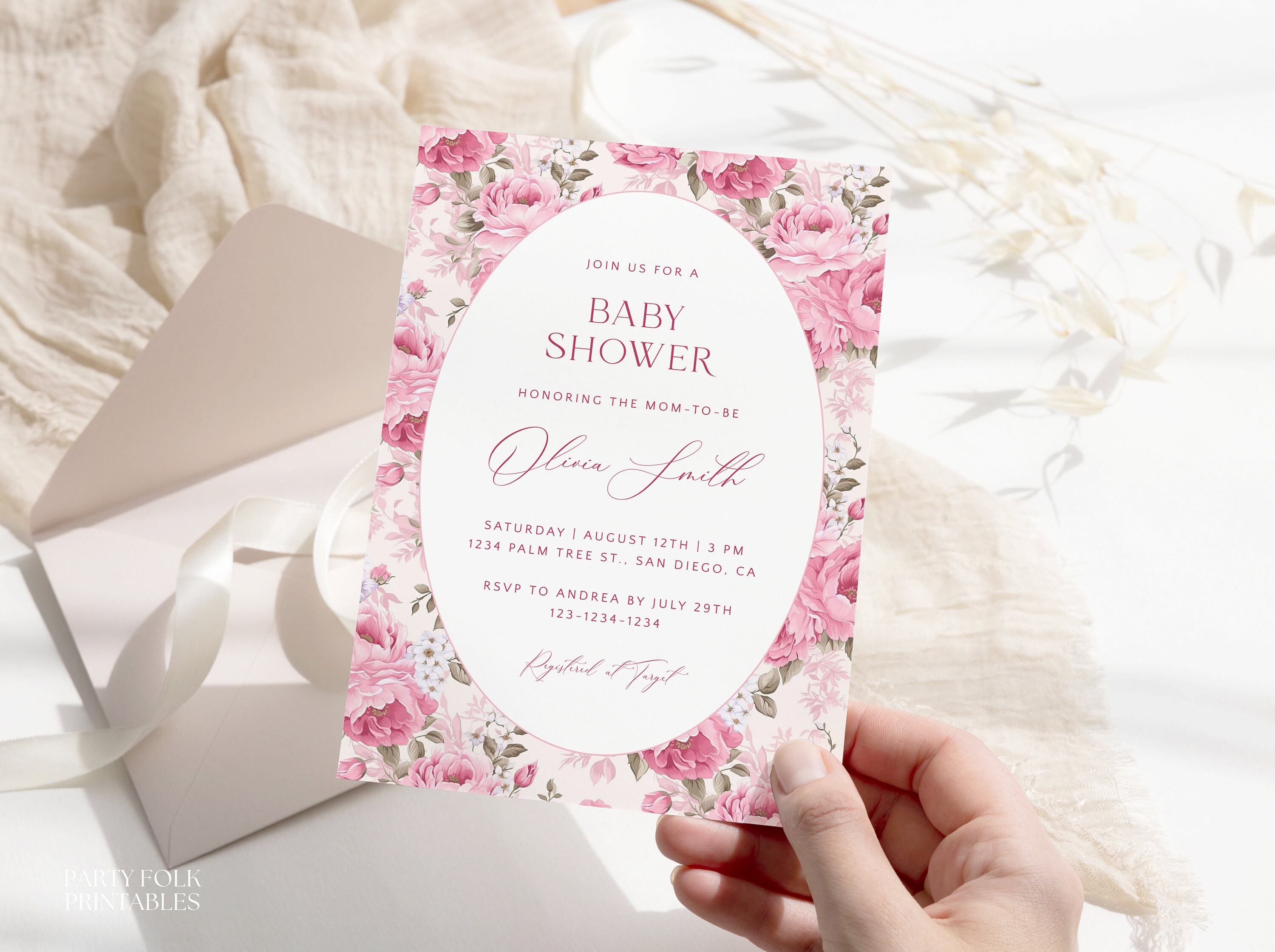 Pink Roses Baby Shower Invitation Template Set, Editable Shabby Chic ...