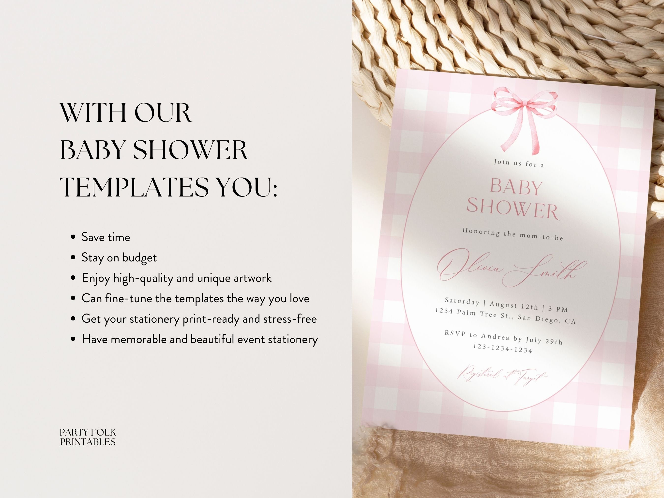 Editable Pink Preppy Gingham Baby Shower Invitation Template - Etsy