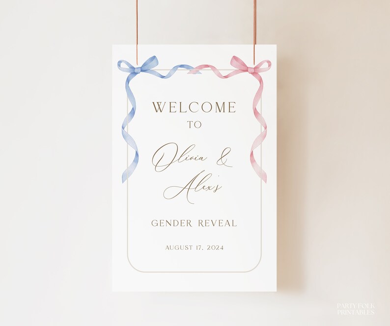 Editable Gender Reveal Welcome Sign Template Pink Blue Bow Gender 3137
