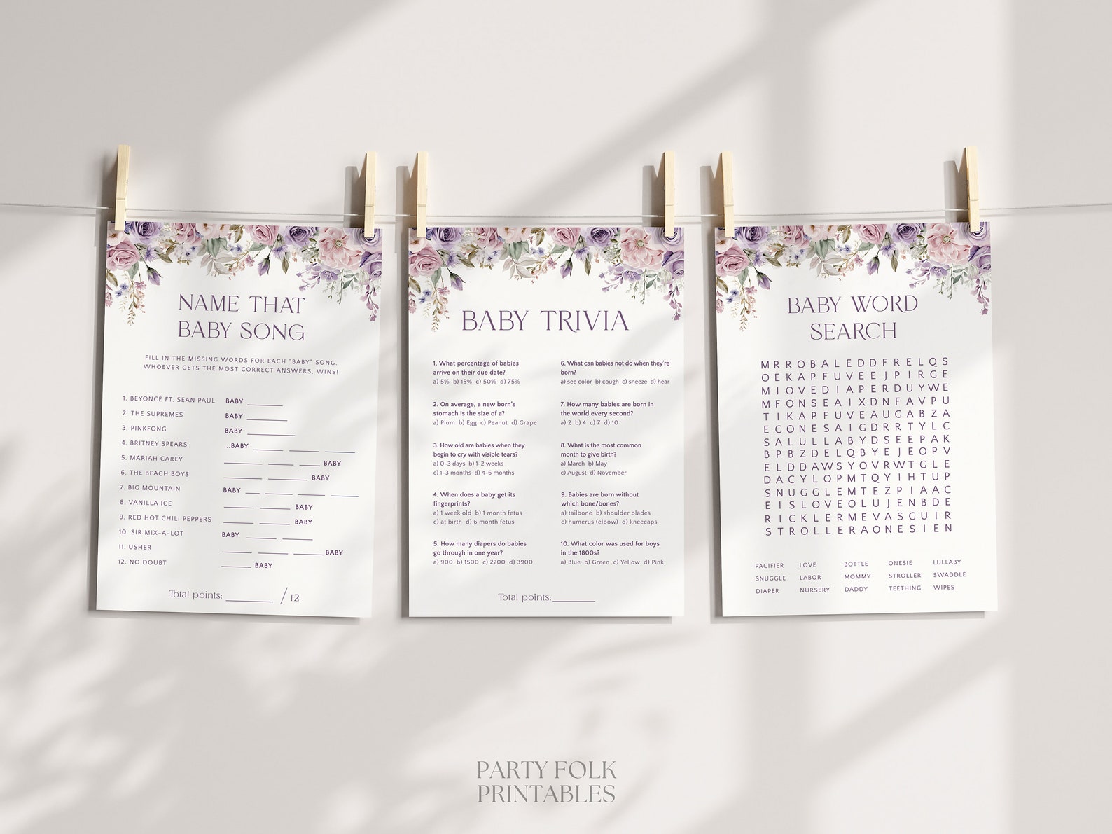 Purple Dusty Rose Baby Shower Game Bundle, Editable Lilac Baby in Bloom ...