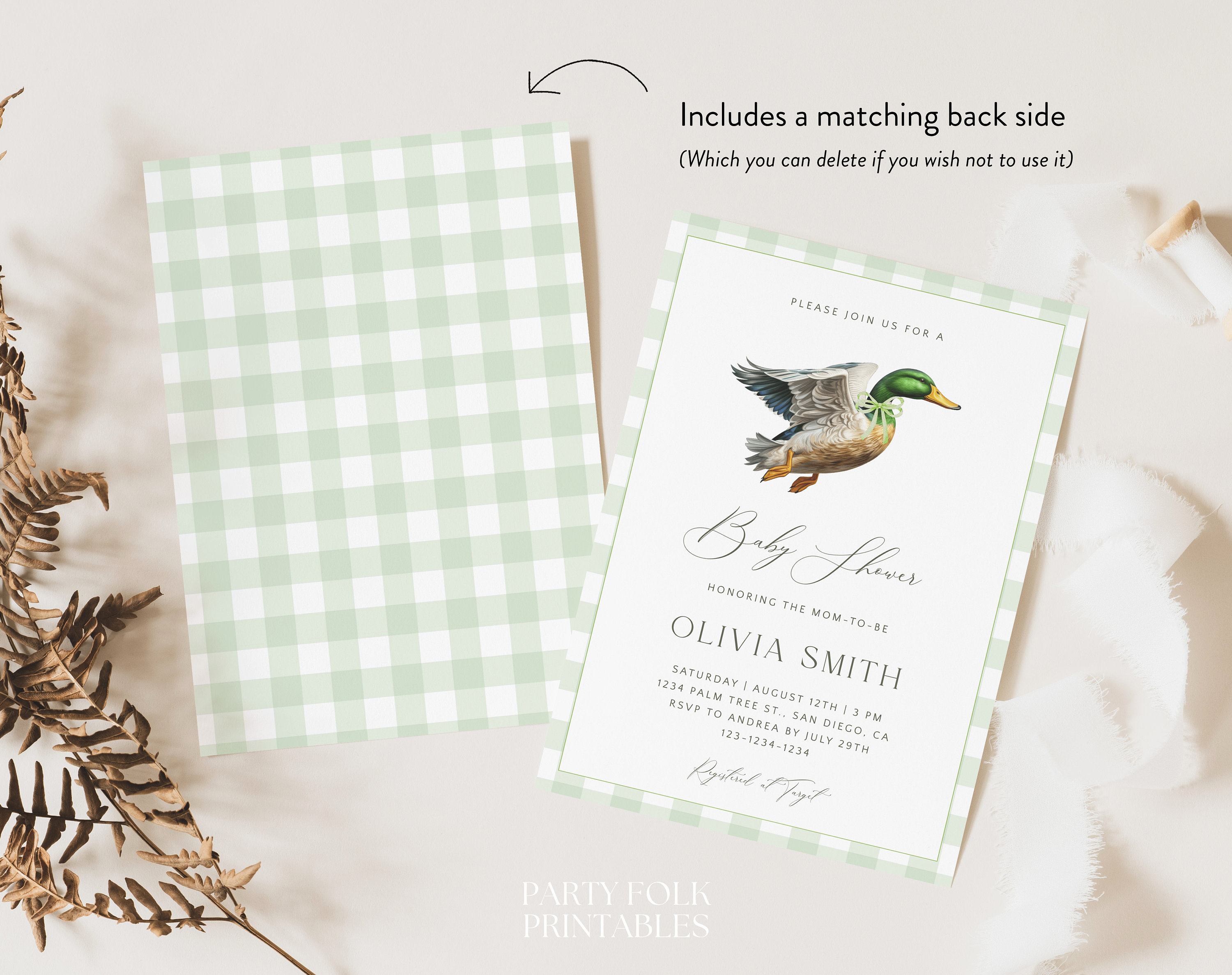 Editable Mallard Duck Baby Shower Invitation Set Template, Green ...