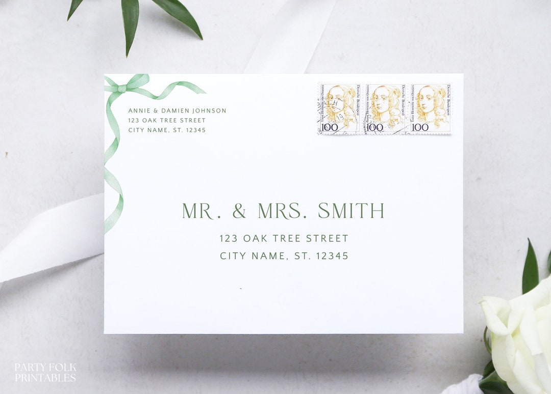Editable Green Bow Envelope Address Template, Personalized Gender ...