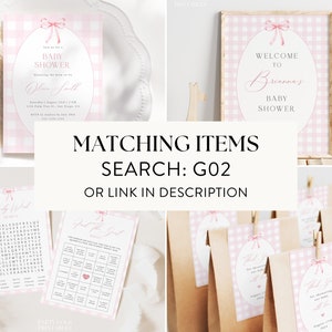 Editable Pink Preppy Gingham Baby Shower Invitation Template Set, Bow ...