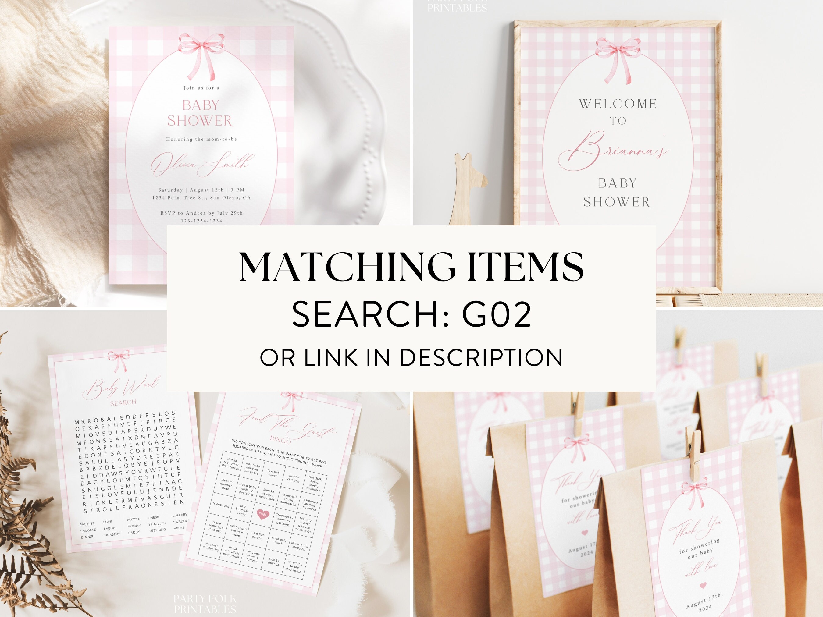 Editable Pink Preppy Gingham Baby Shower Invitation Template Set, Bow ...