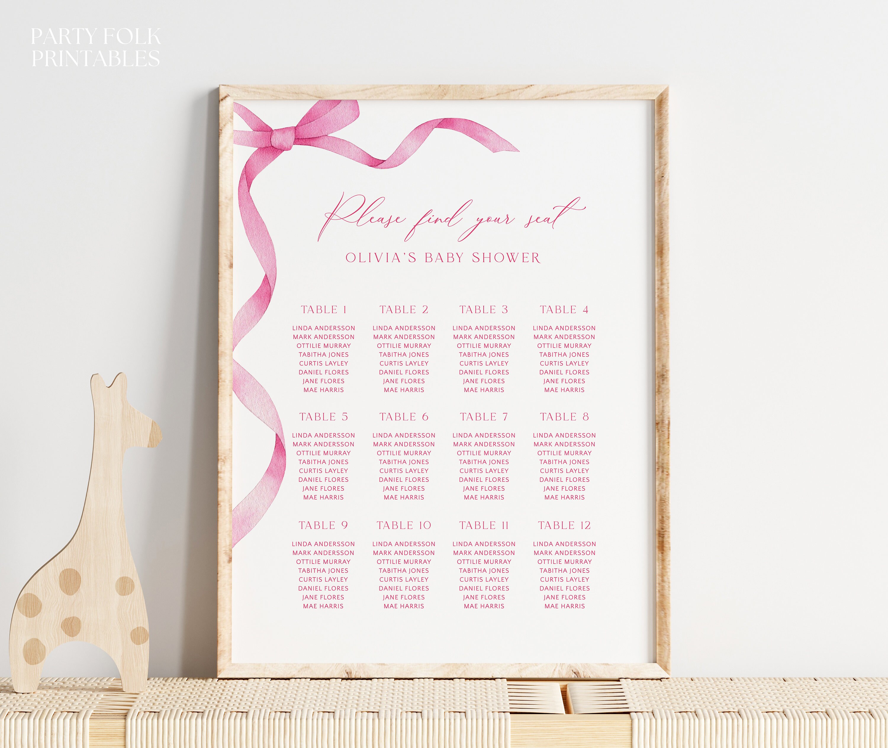 Editable Hot Pink Bow Seating Chart Template, Instant Girl Baby Shower ...