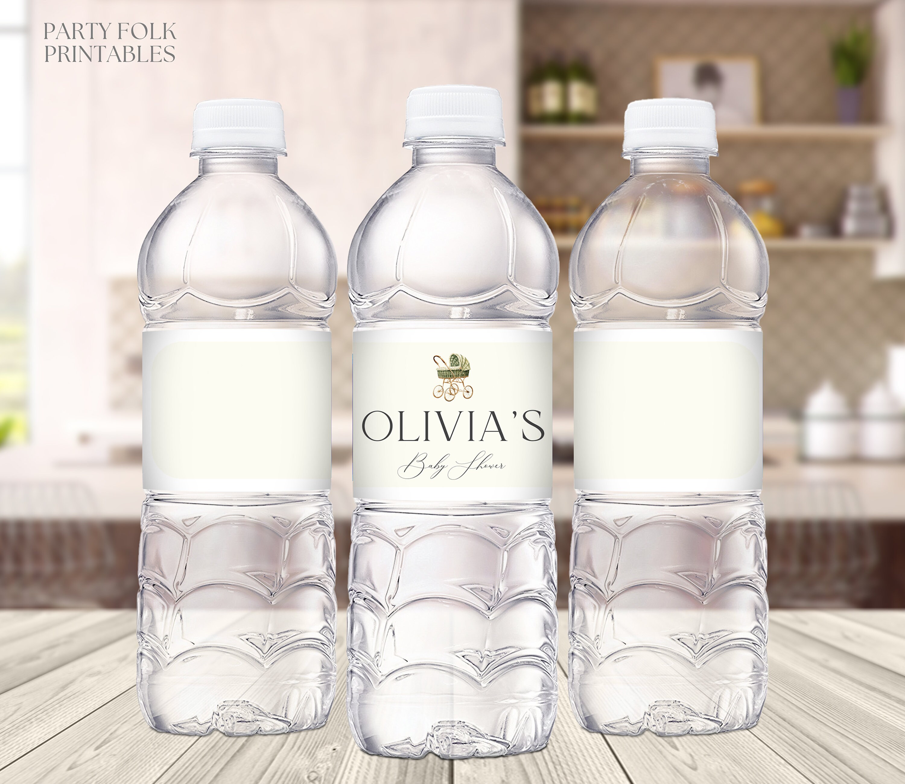 Editable Green Boho Baby Carriage Water Bottle Label, Printable Neutral ...