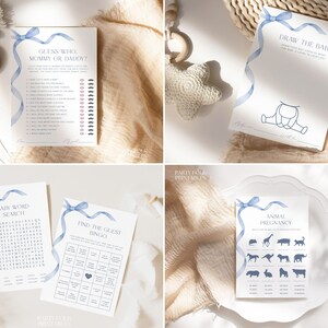Editable Blue Bow Baby Shower Game Bundle, Dusty Blue Ribbon Game ...