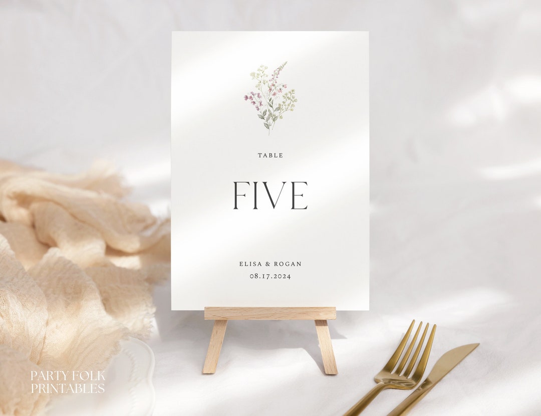 Wildflower Minimal Table Number Template, Blush Pink Floral Wedding ...