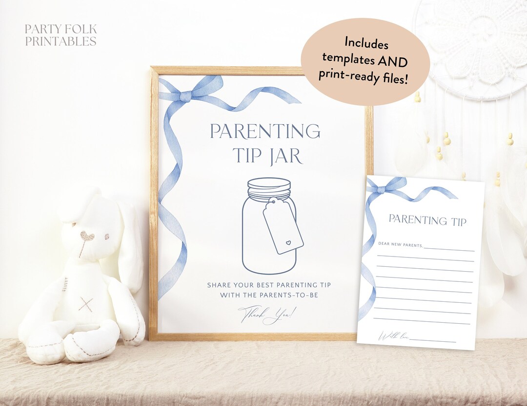 Printable Blue Bow Parenting Tip Jar Sign and Advice Card for the ...