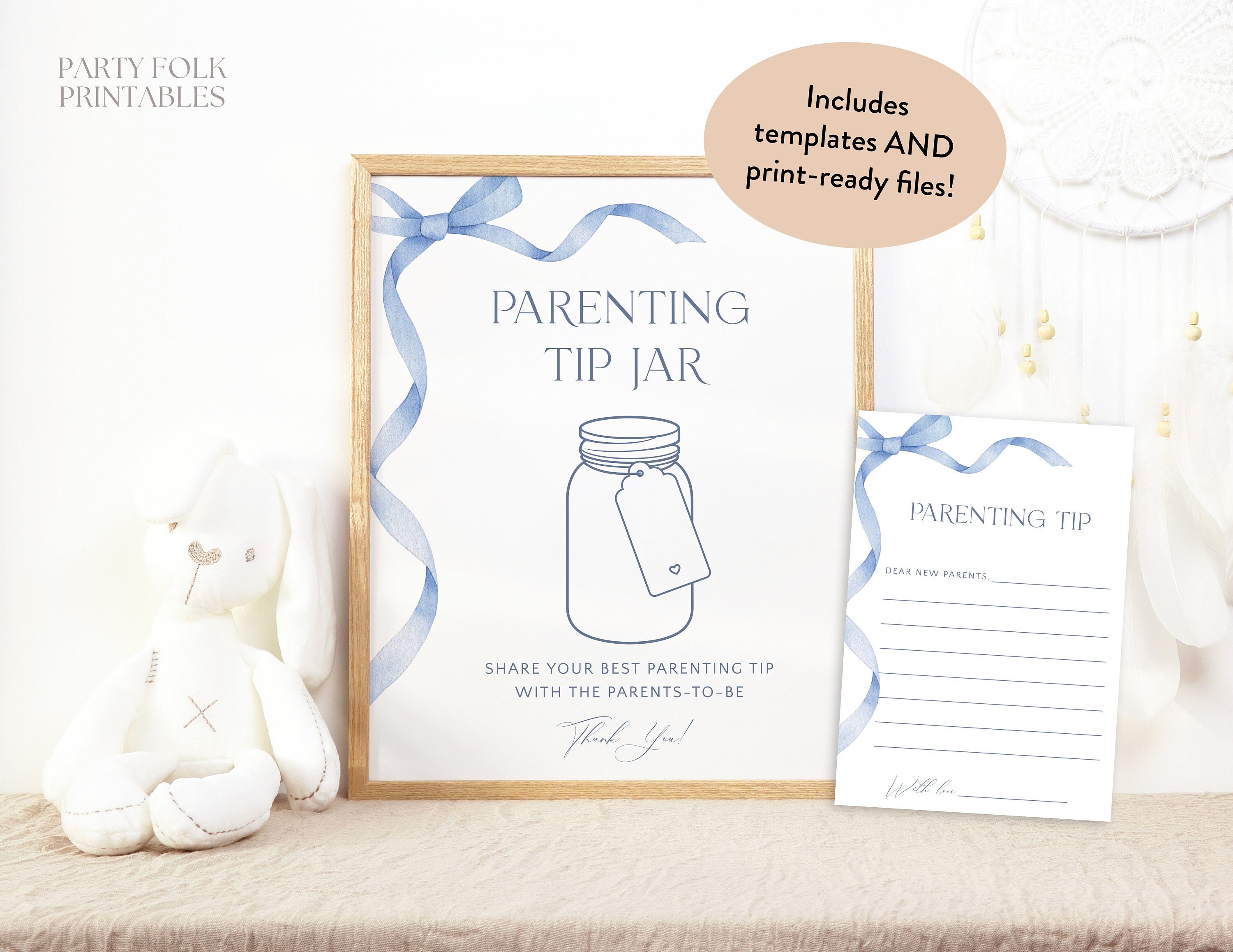 Printable Blue Bow Parenting Tip Jar Sign and Advice Card for the ...