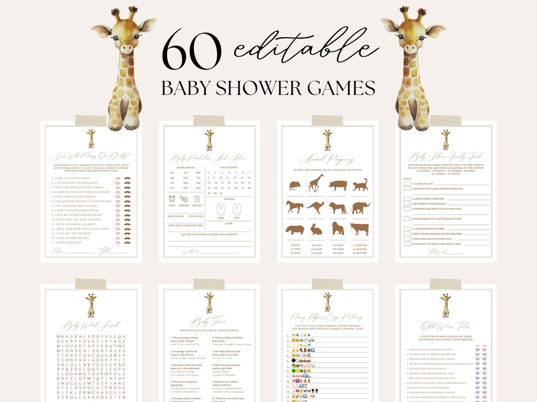 Editable Baby Giraffe Baby Shower Game Bundle, Safari Game Template ...
