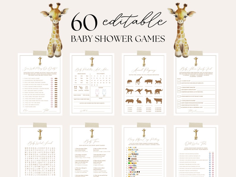 Editable Baby Giraffe Baby Shower Game Bundle, Safari Game Template ...