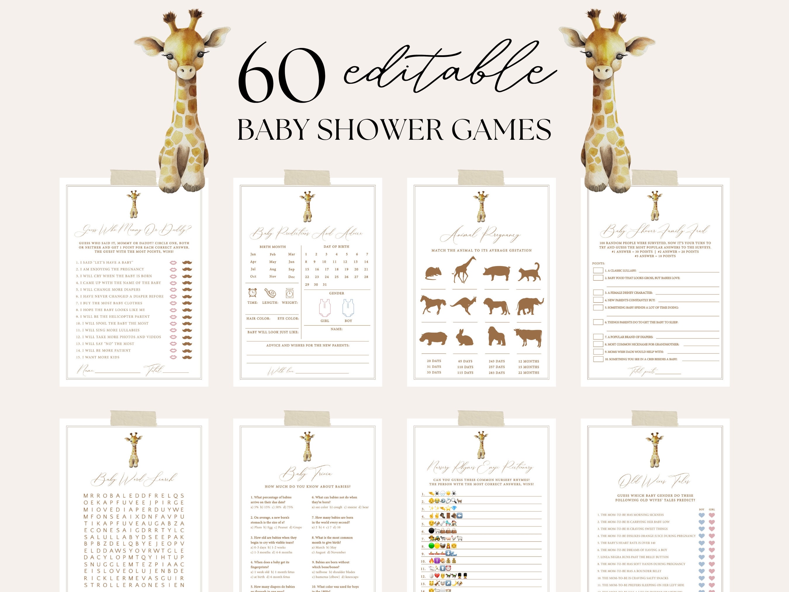 Editable Baby Giraffe Baby Shower Game Bundle, Safari Game Template ...