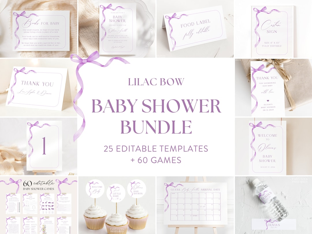 Editable Lilac Bow Baby Shower Template Bundle, Purple Baby Shower ...