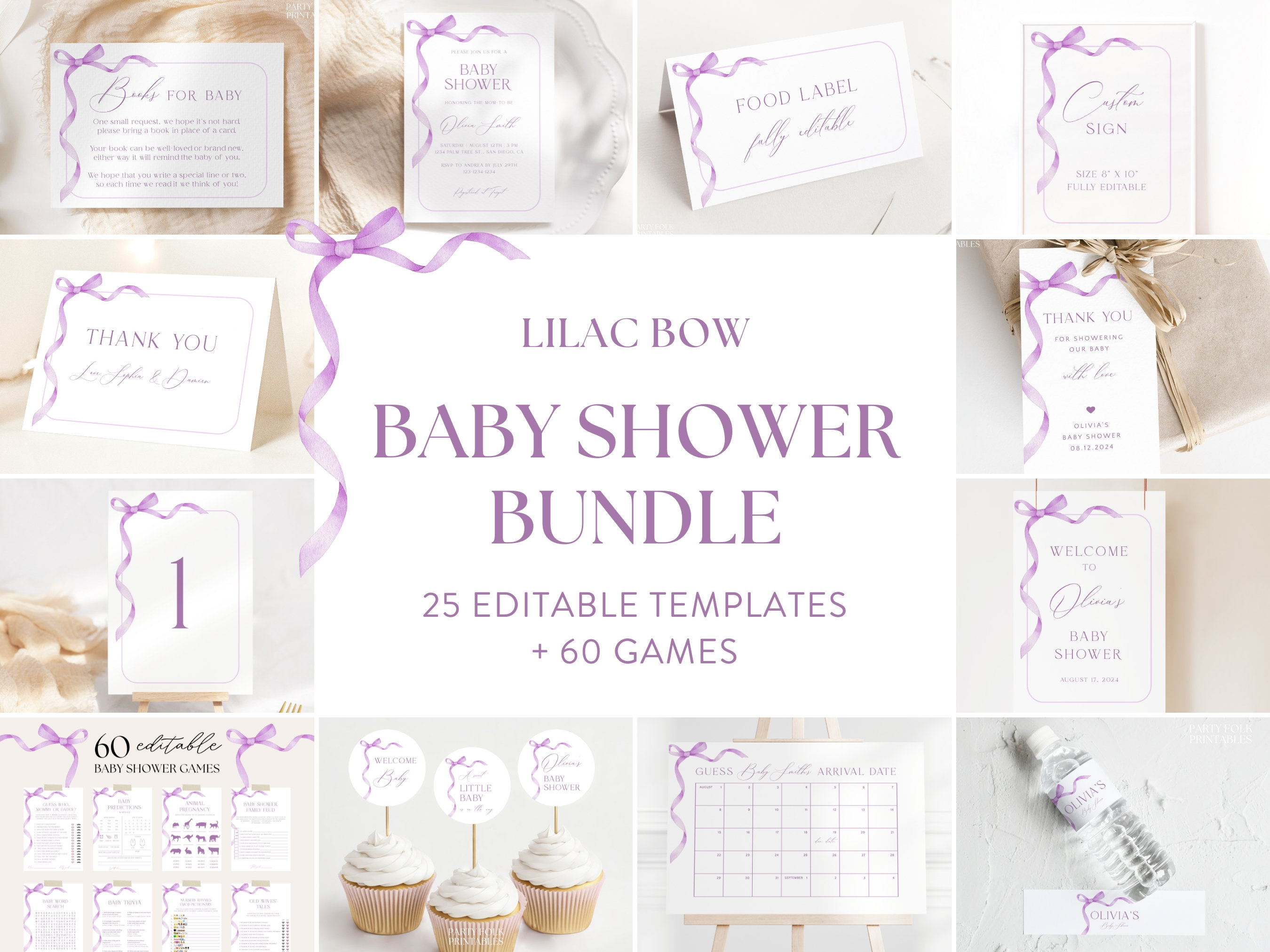 Editable Lilac Bow Baby Shower Template Bundle Purple Baby - Etsy