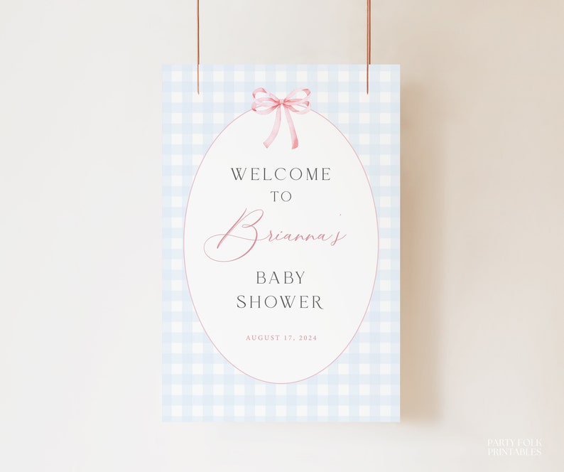 Editable Pink & Blue Preppy Gingham Baby Shower Welcome Sign Template ...
