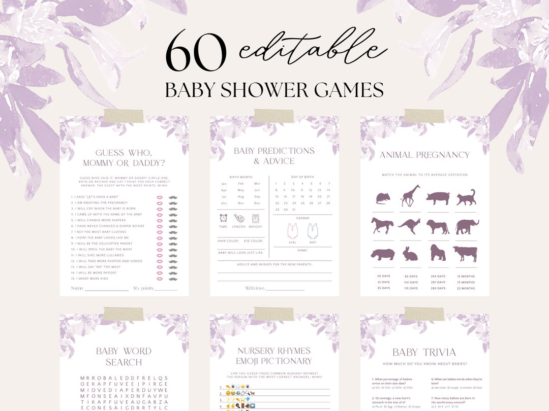 Editable Purple Floral Baby Shower Game Bundle, Lilac Vintage Flower ...