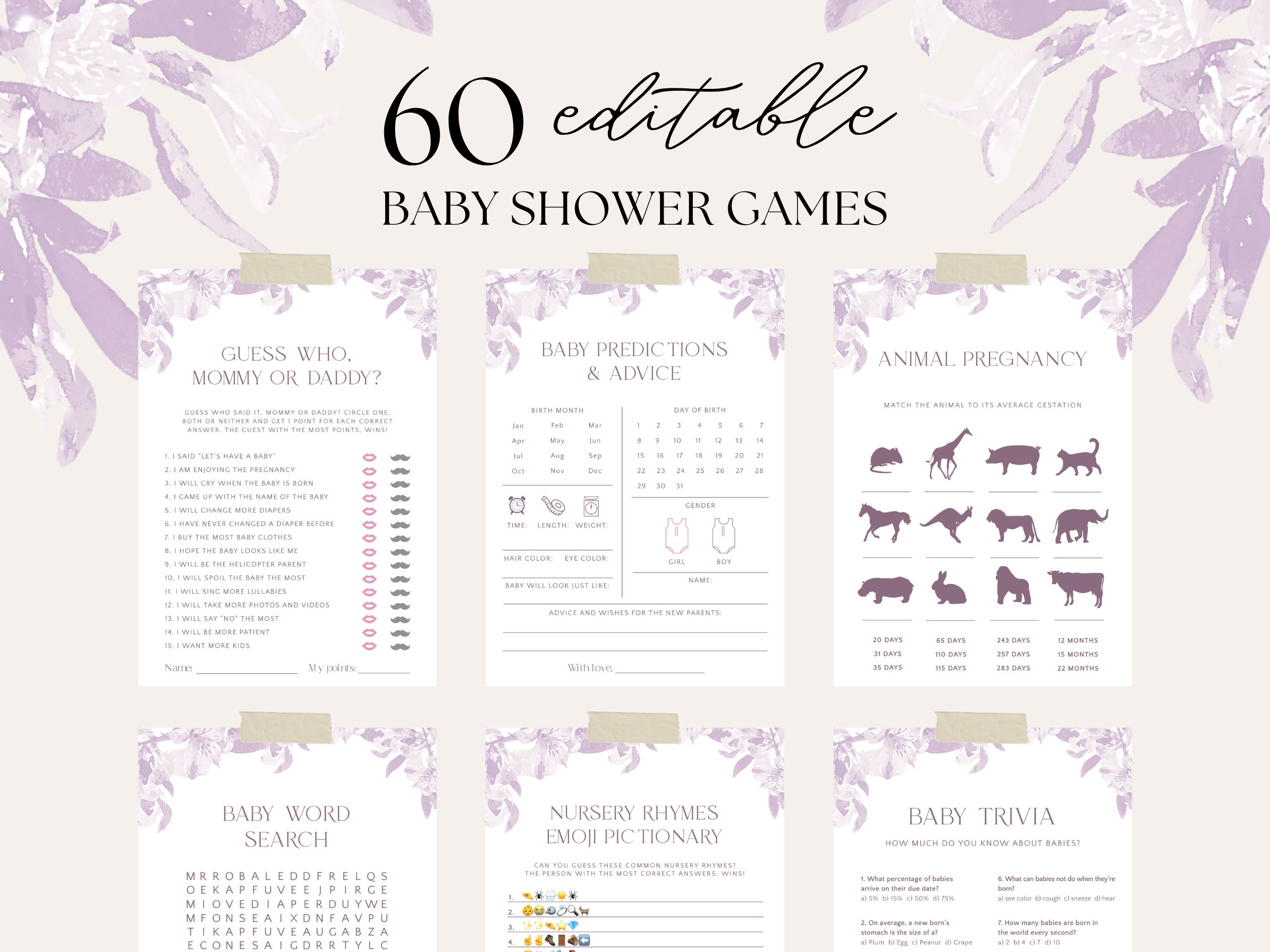 Editable Purple Floral Baby Shower Game Bundle, Lilac Vintage Flower ...