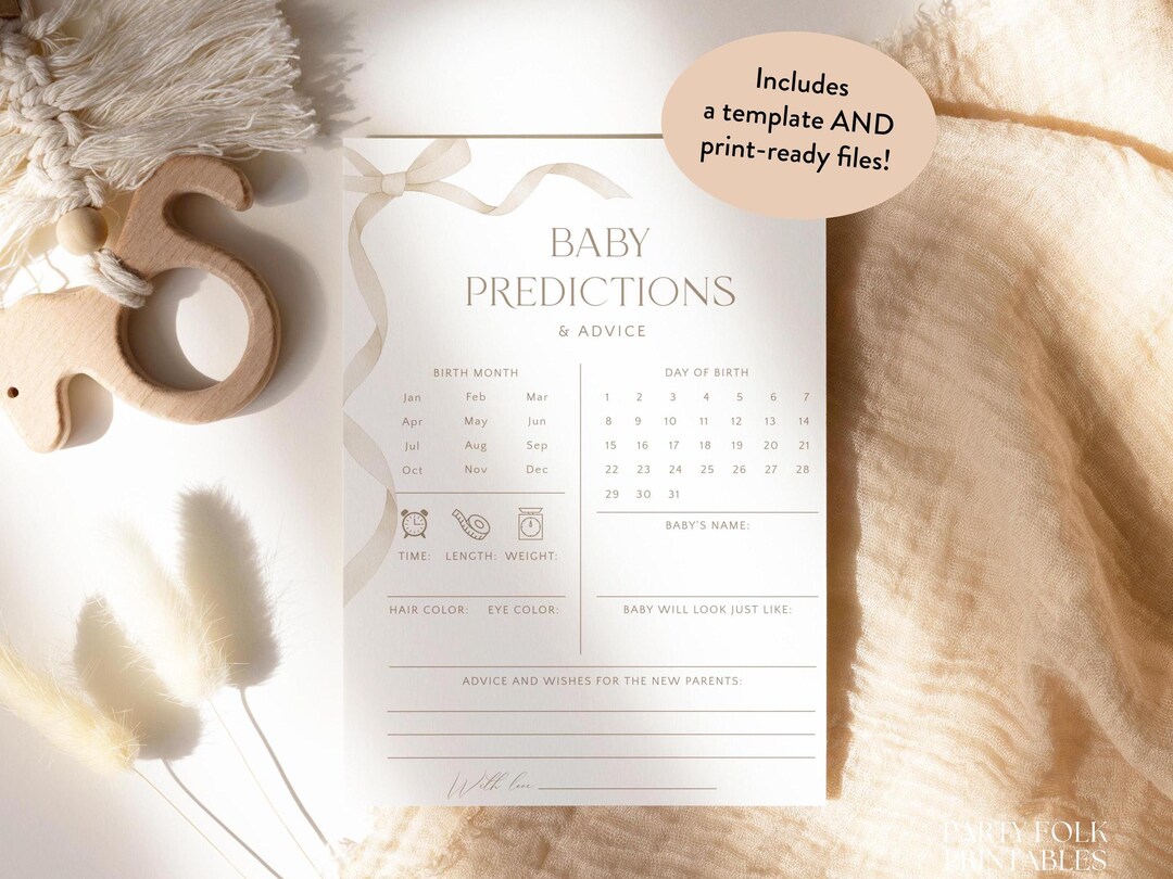 Light Beige Bow Baby Shower Predictions and Advice Cards, Gender ...