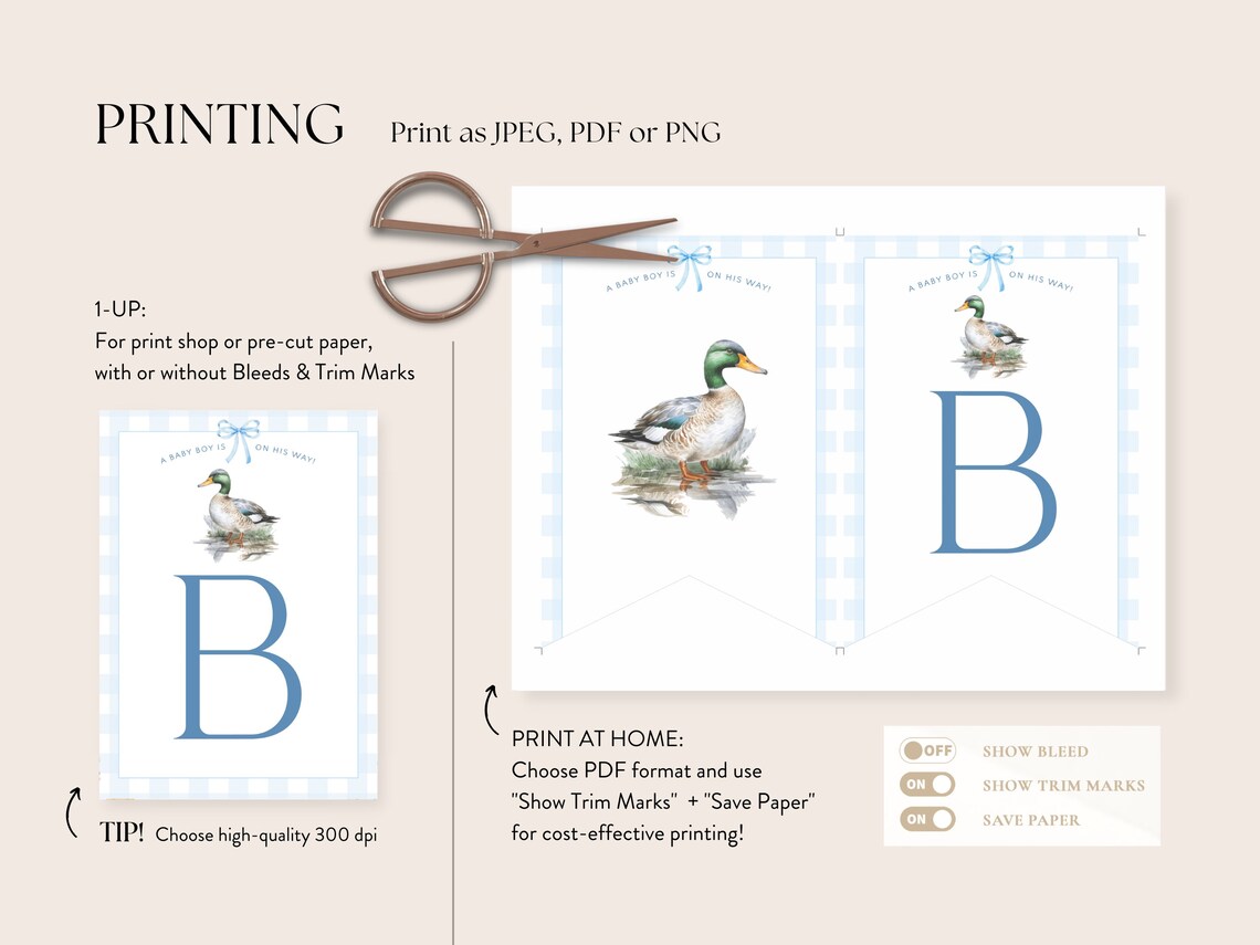 Editable Mallard Duck Boy Baby Shower Banner Template, Blue Gingham Bow ...