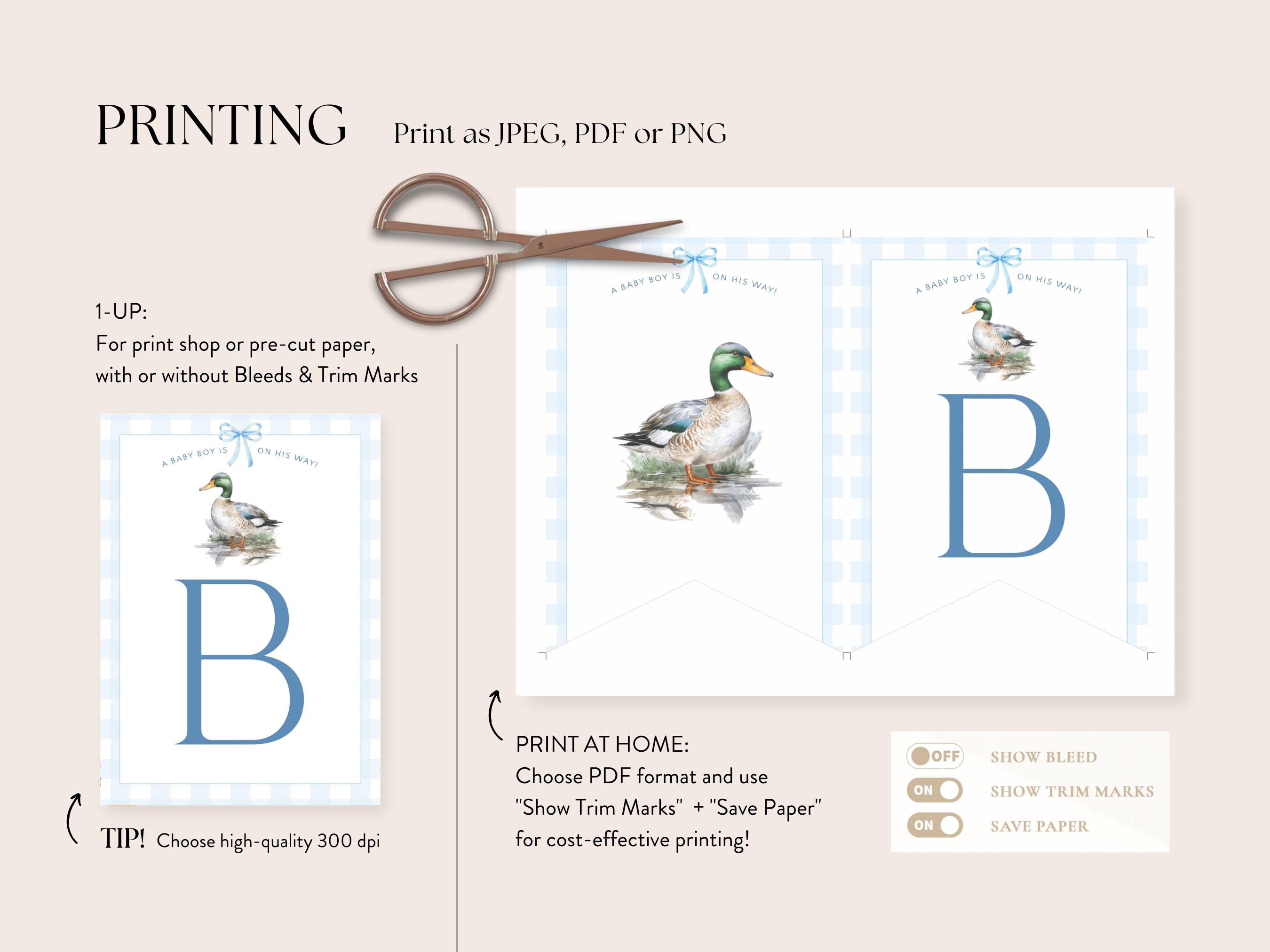 Editable Mallard Duck Boy Baby Shower Banner Template, Blue Gingham Bow ...