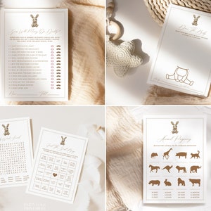 Editable Bunny Baby Shower Game Bundle, Bunny Game Template, Minimalist ...
