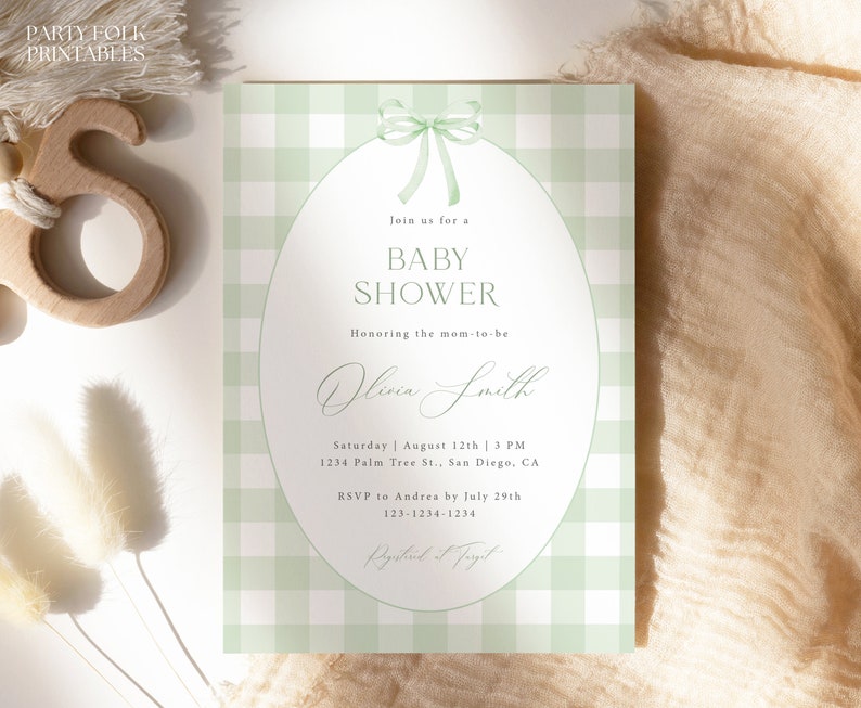 Editable Green Preppy Gingham Baby Shower Invitation Template, Gingham ...