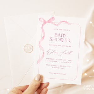 Editable Pink Bow Baby Shower Invitation Template, Blush Pink Girl Baby ...