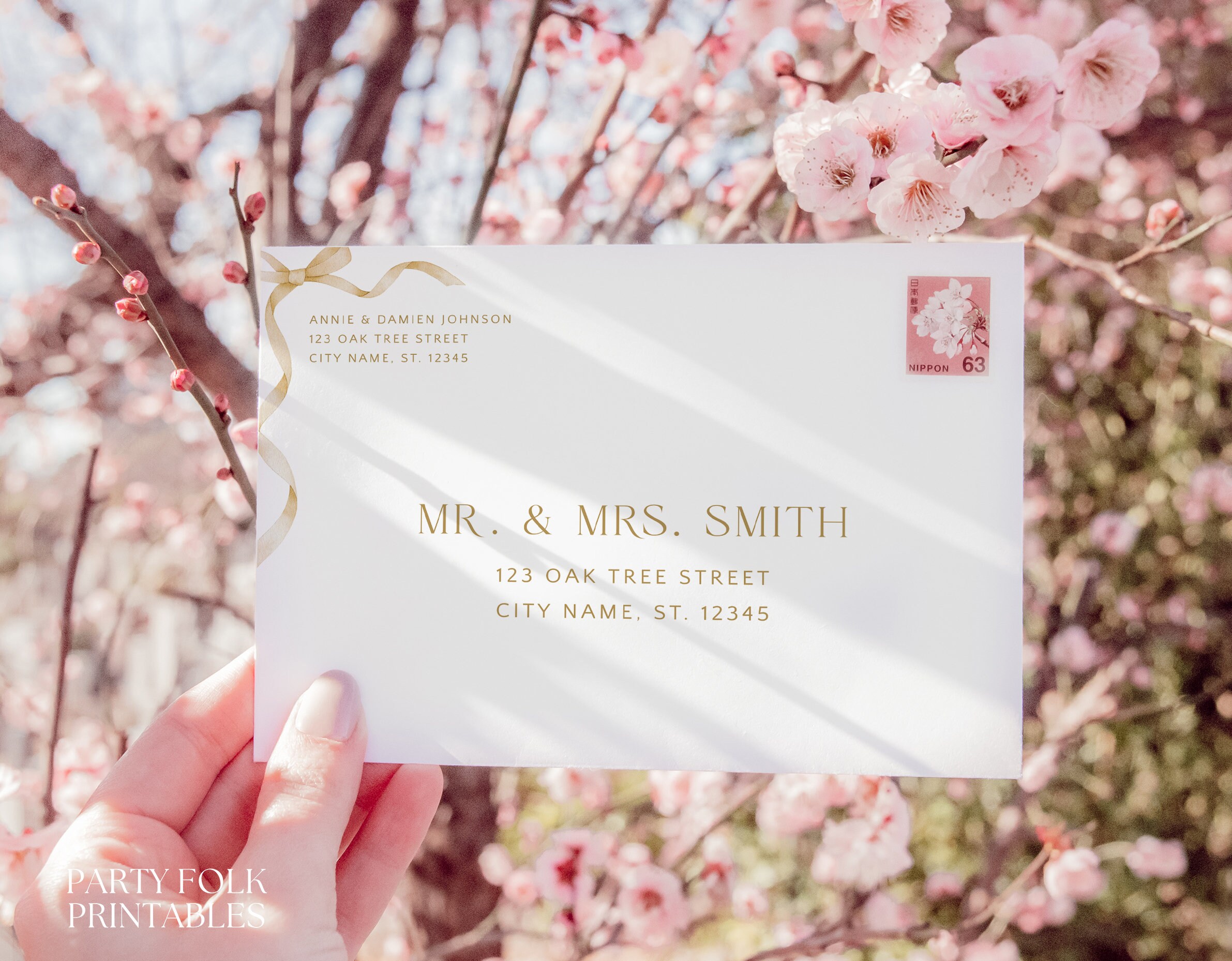 Editable Gold Bow Envelope Address Template, Personalized Gender ...