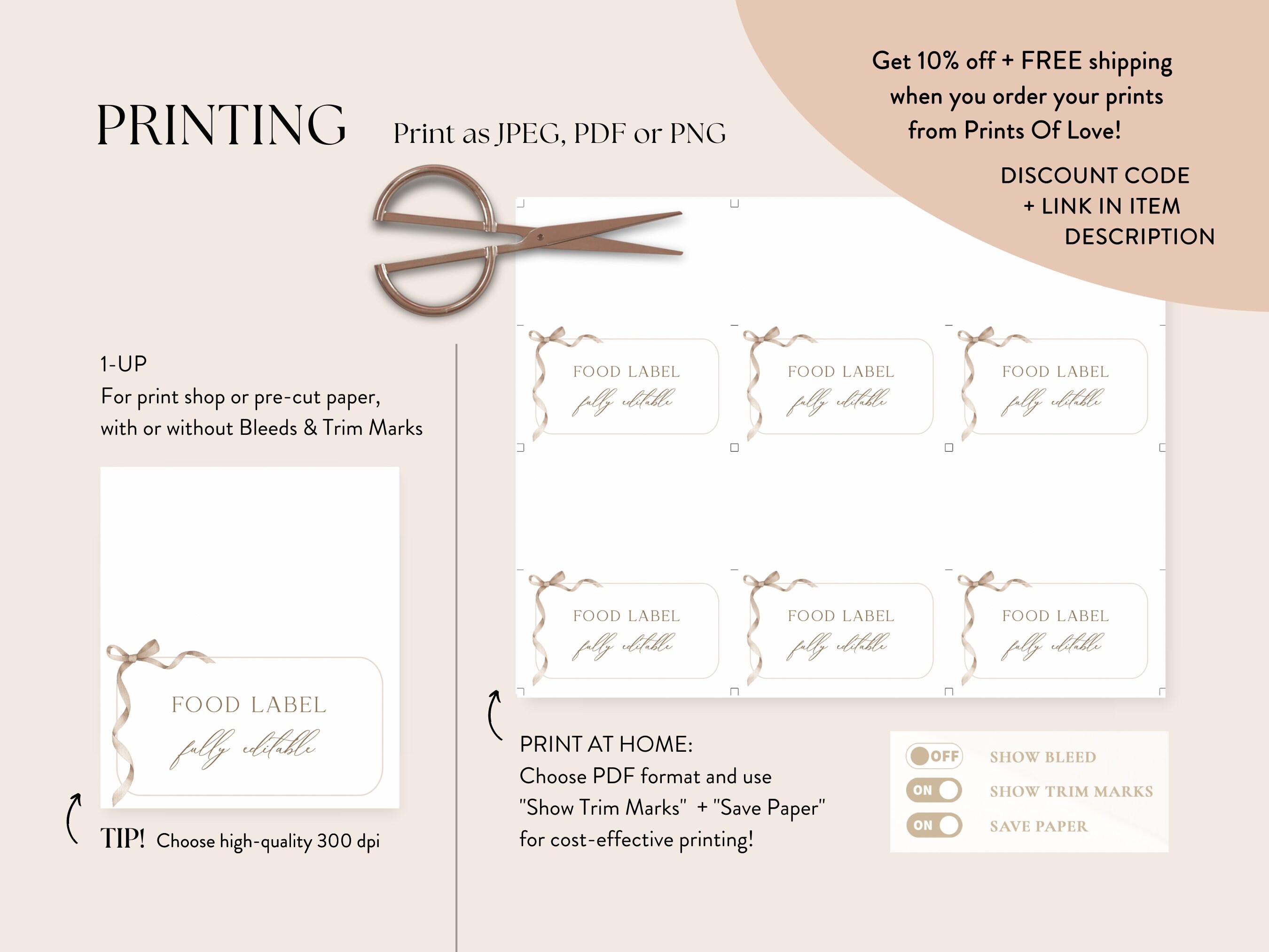 Editable Beige Bow Buffet Card Template, Boho Food Label, Beige Baby ...