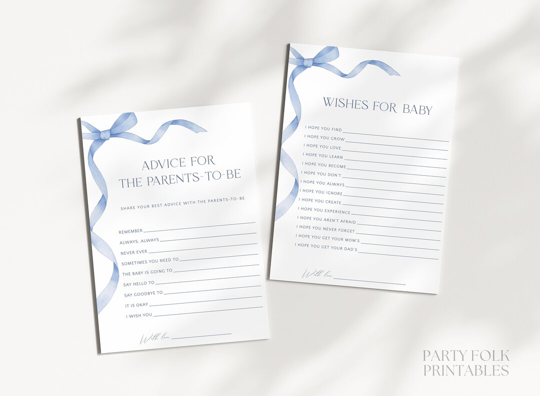 Blue Bow Wishes for Baby Advice for Parents-to-be, Printable Dusty Blue ...