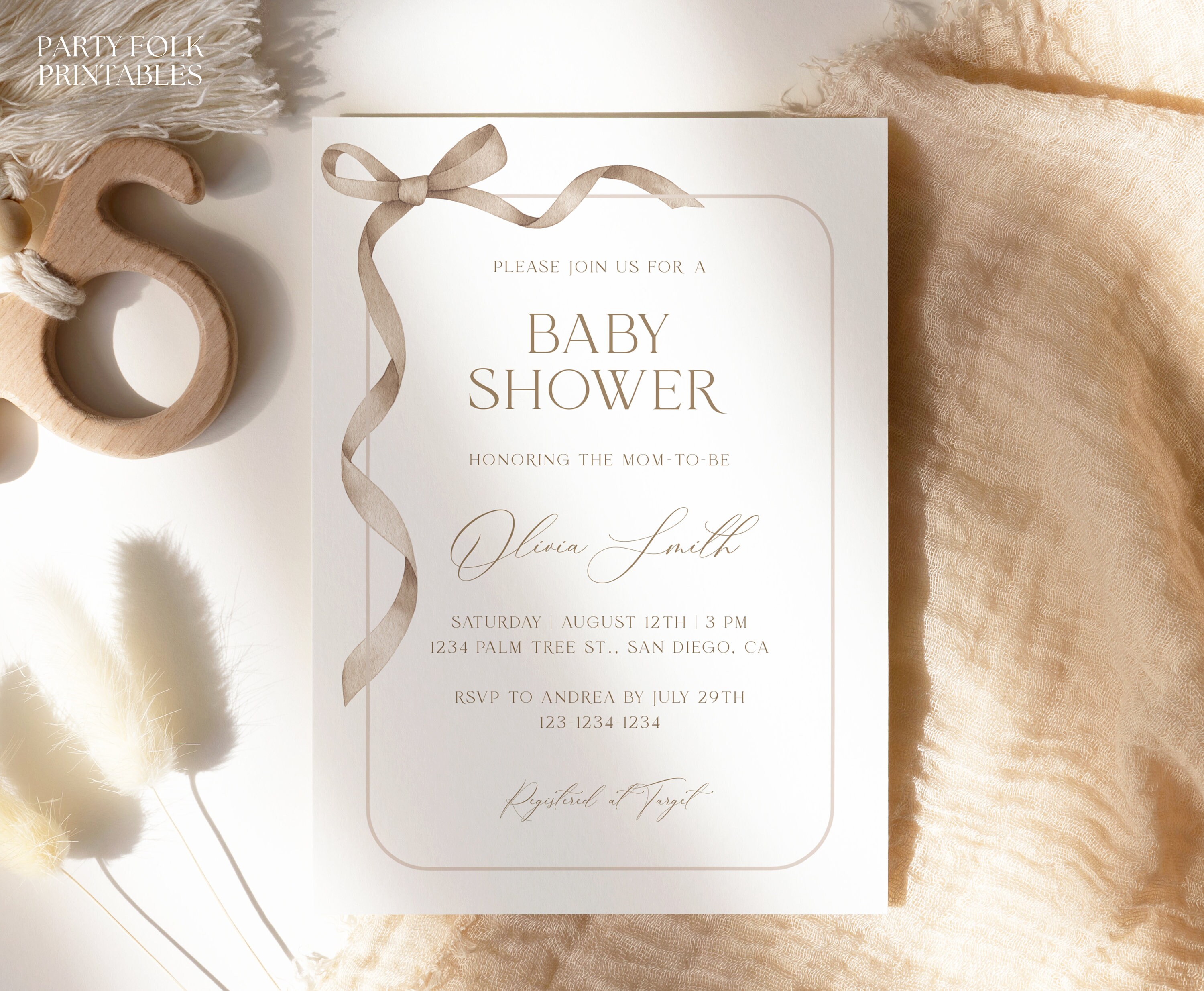 Editable Beige Bow Baby Shower Invitation, Gender Neutral Ribbon Baby ...