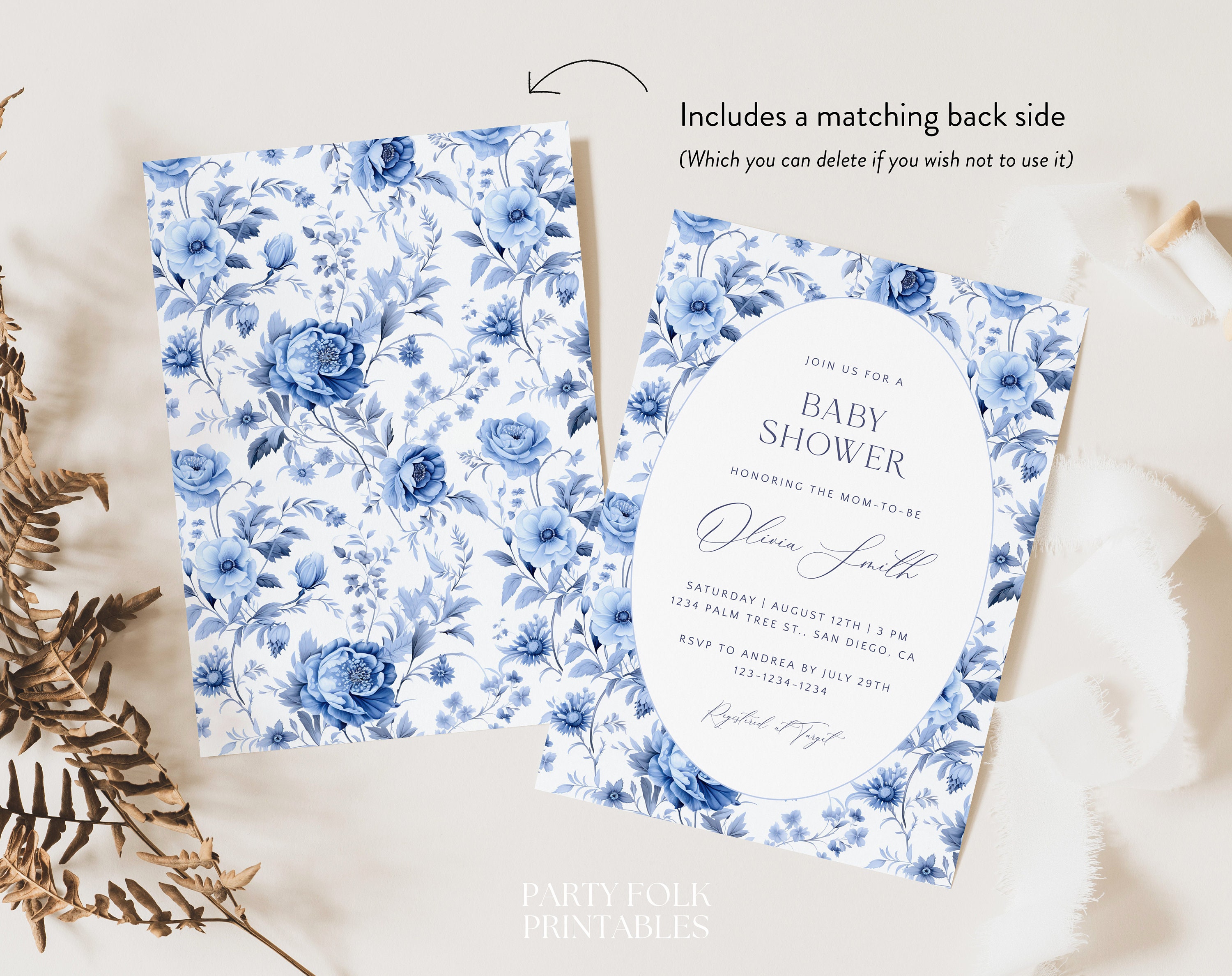 Editable Blue Toile Baby Shower Invitation Template Set Dusty - Etsy