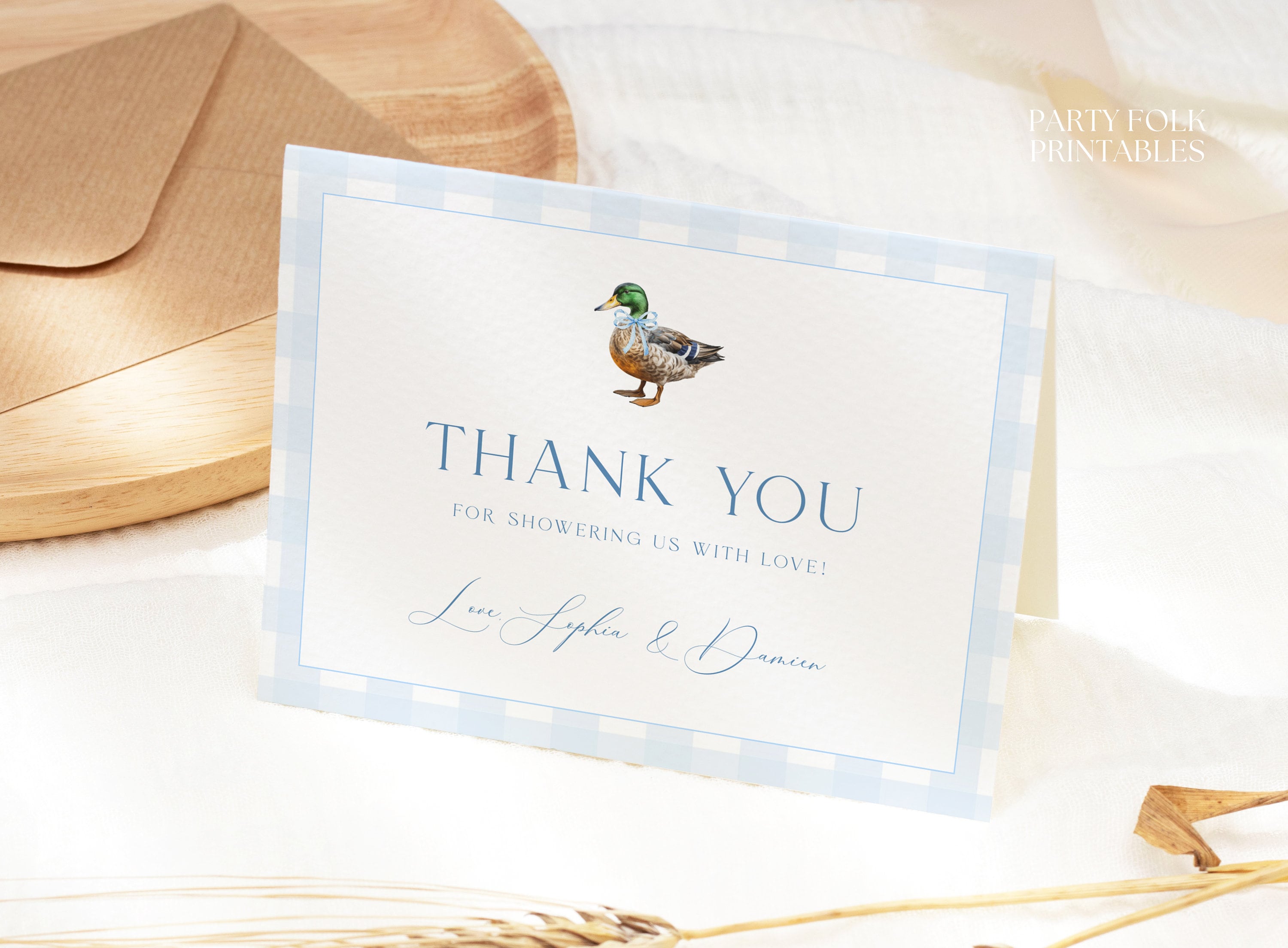 Editable Mallard Duck Baby Shower Thank You Card Template, Blue Gingham Bow Duck Boy Baby Shower ...