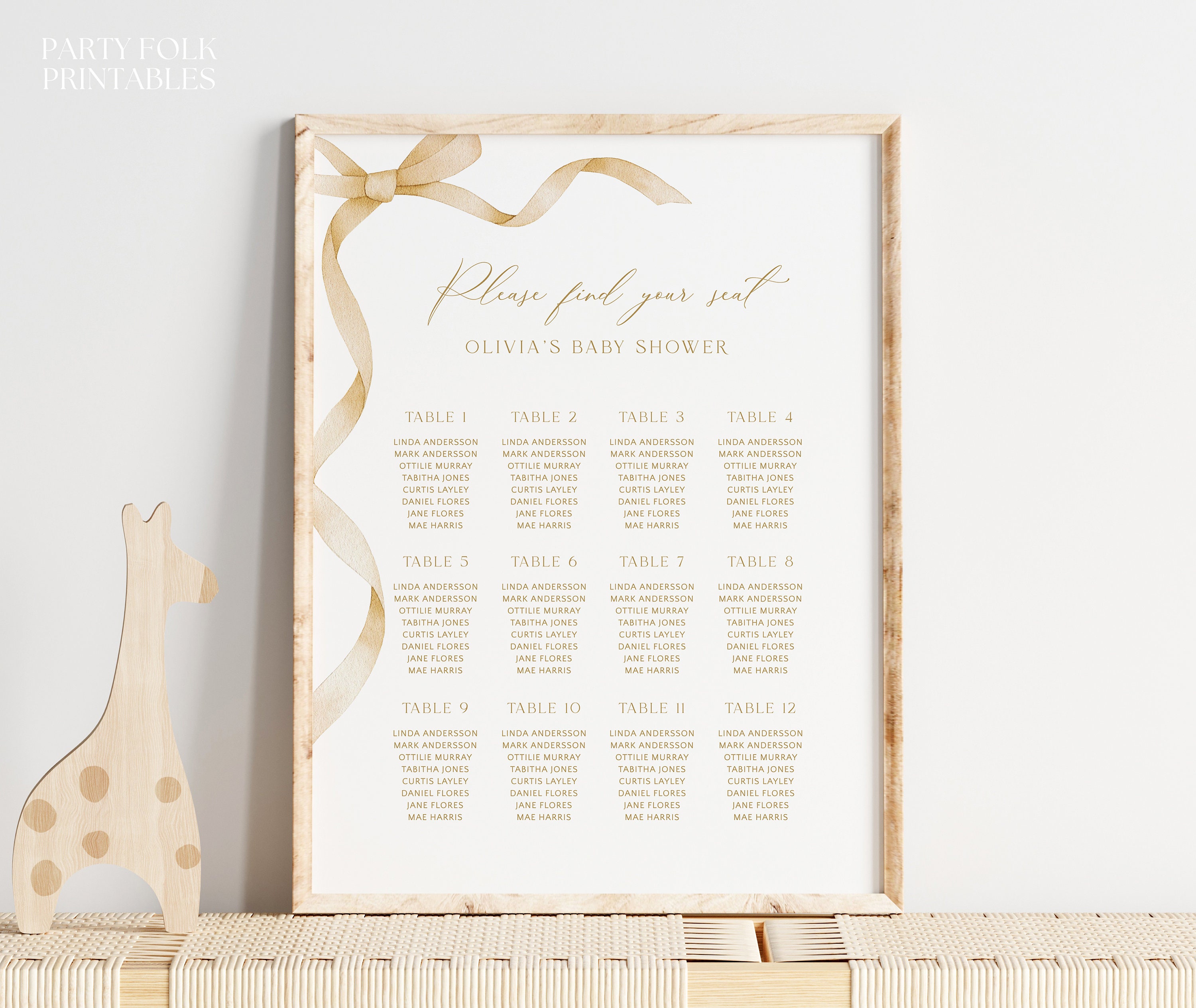 Editable Gold Bow Seating Chart Template, Instant Gender Neutral Baby ...