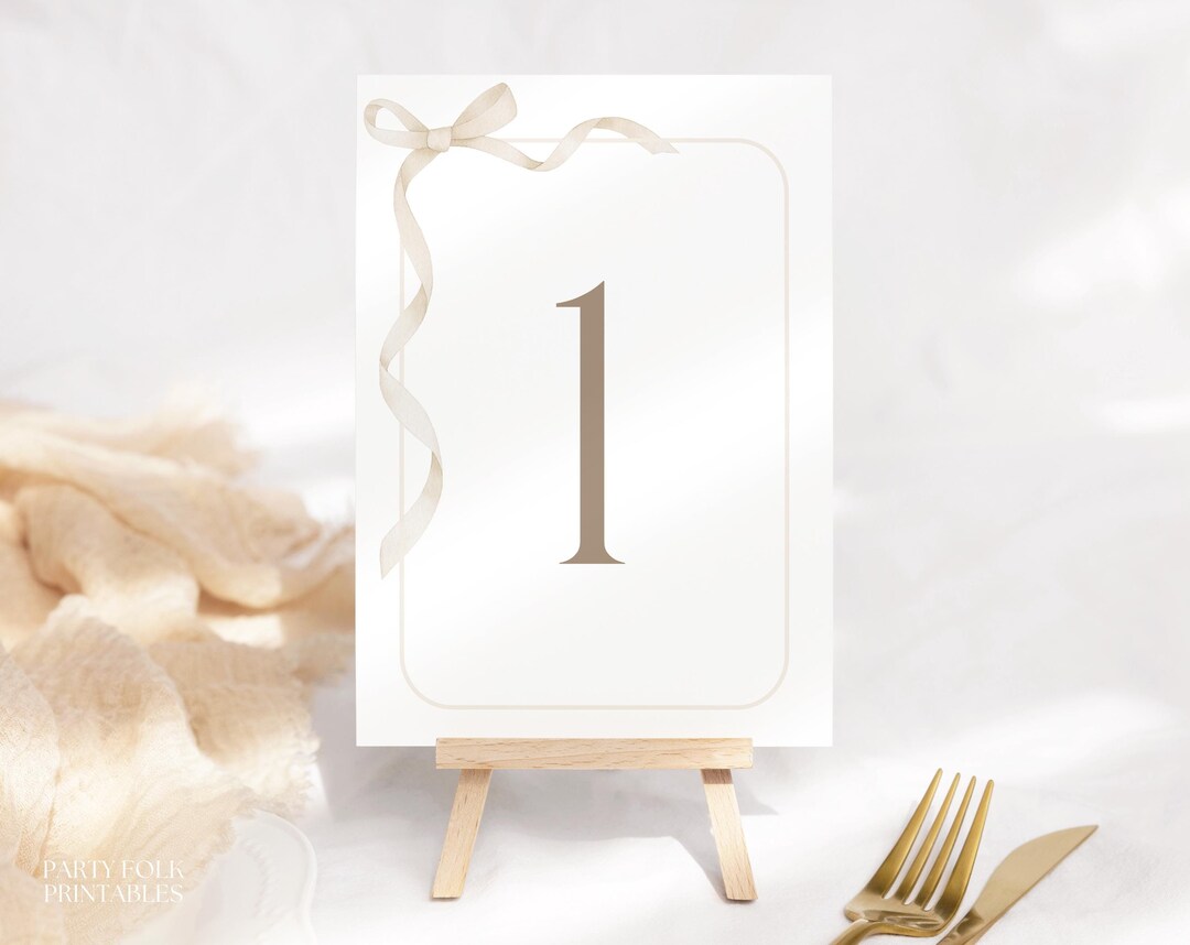 Light Beige Bow Table Number Template, Beige Baby Shower Table Number ...