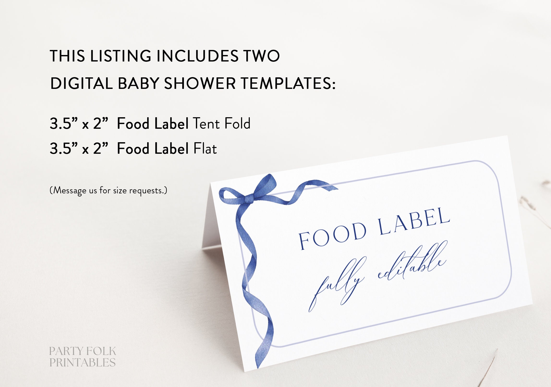 Editable Navy Blue Bow Buffet Card Template, Blue Food Label, Royal ...