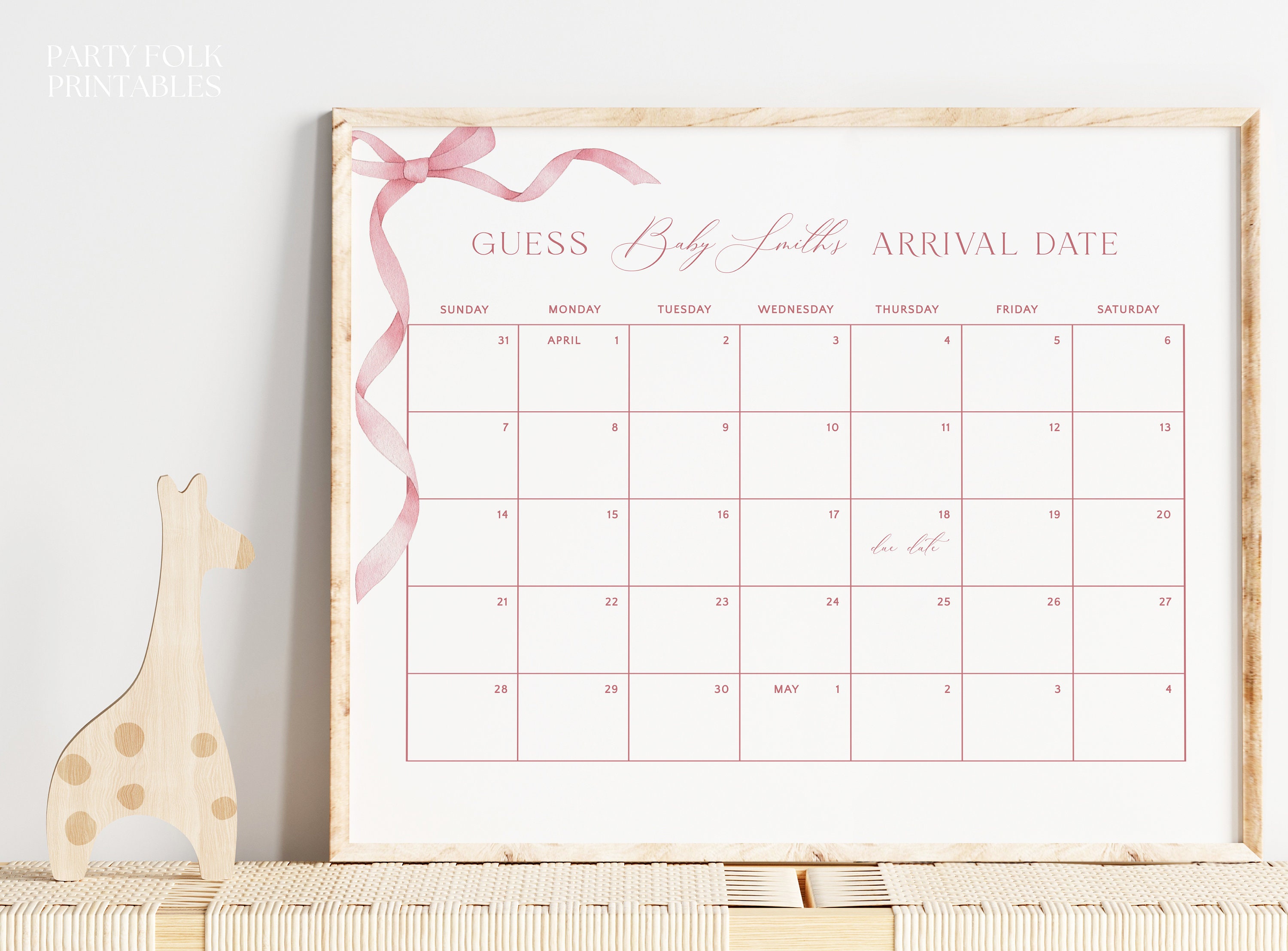 Editable Pink Bow Guess the Due Date Calendar Template, Dusty Pink ...