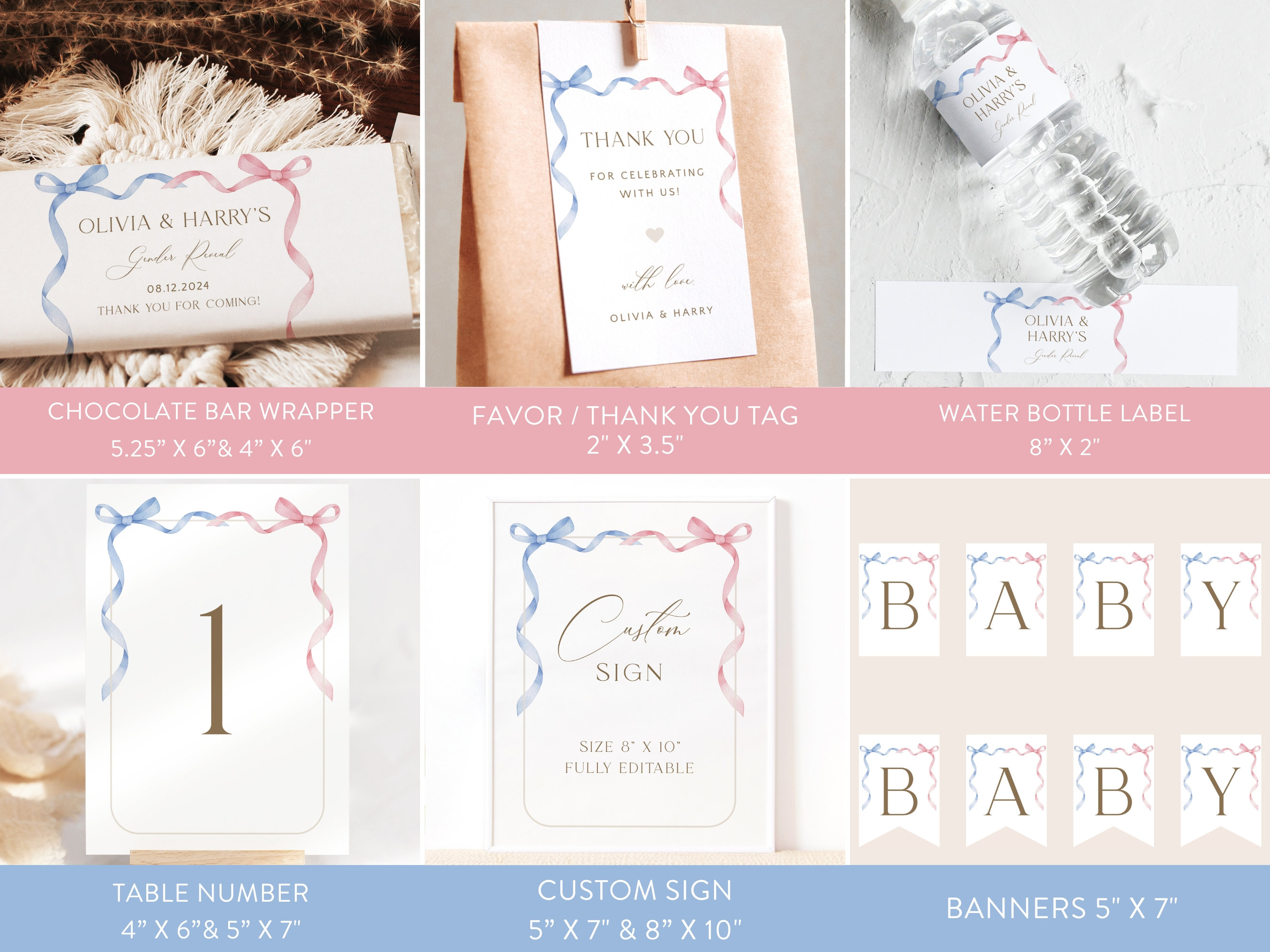 Editable Gender Reveal Party Bundle Template, Pink & Blue Bow Baby ...