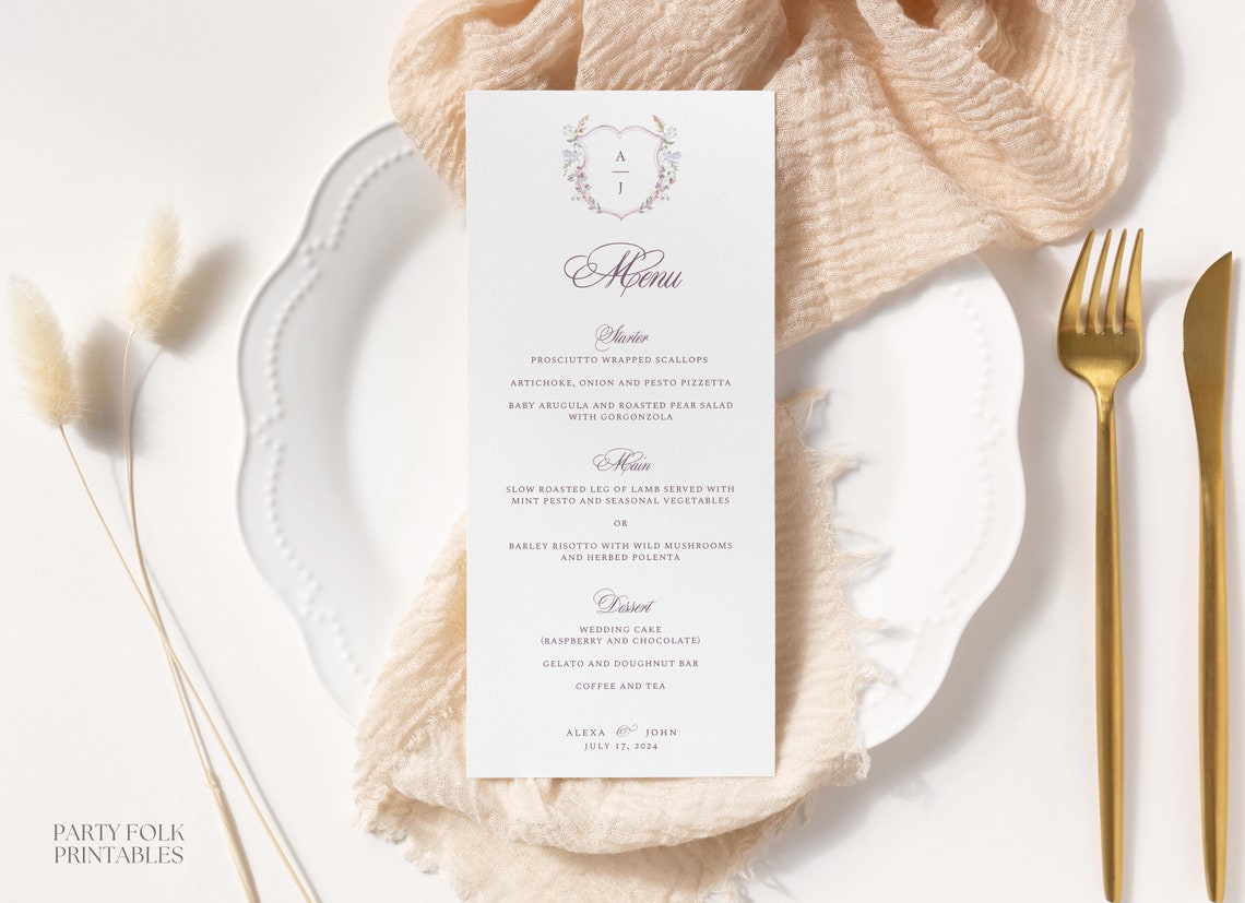 Editable Floral Crest Wedding Menu Template, Lilac Pink Wildflower ...