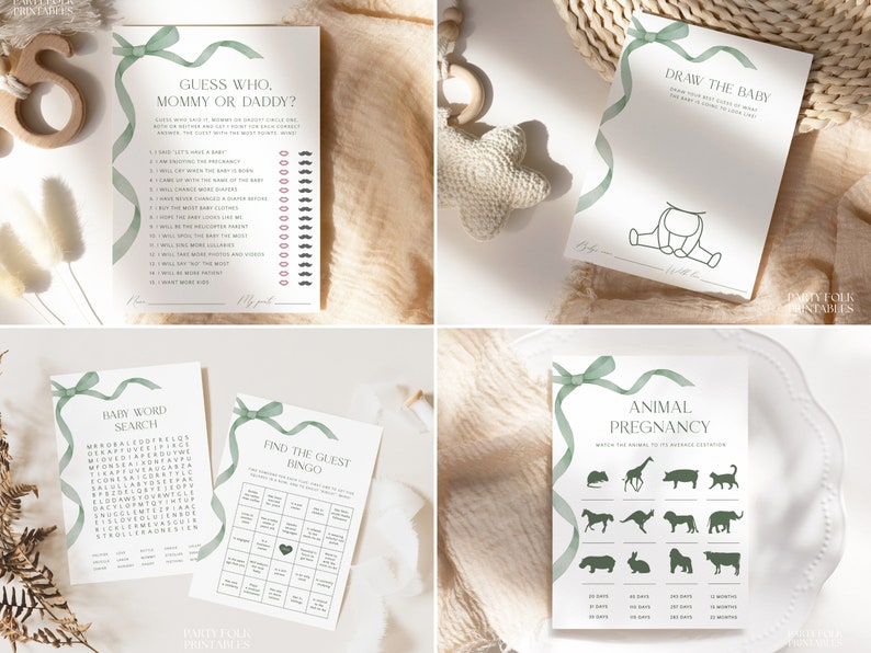 Editable Sage Green Bow Baby Shower Game Bundle, Sage Ribbon Game ...