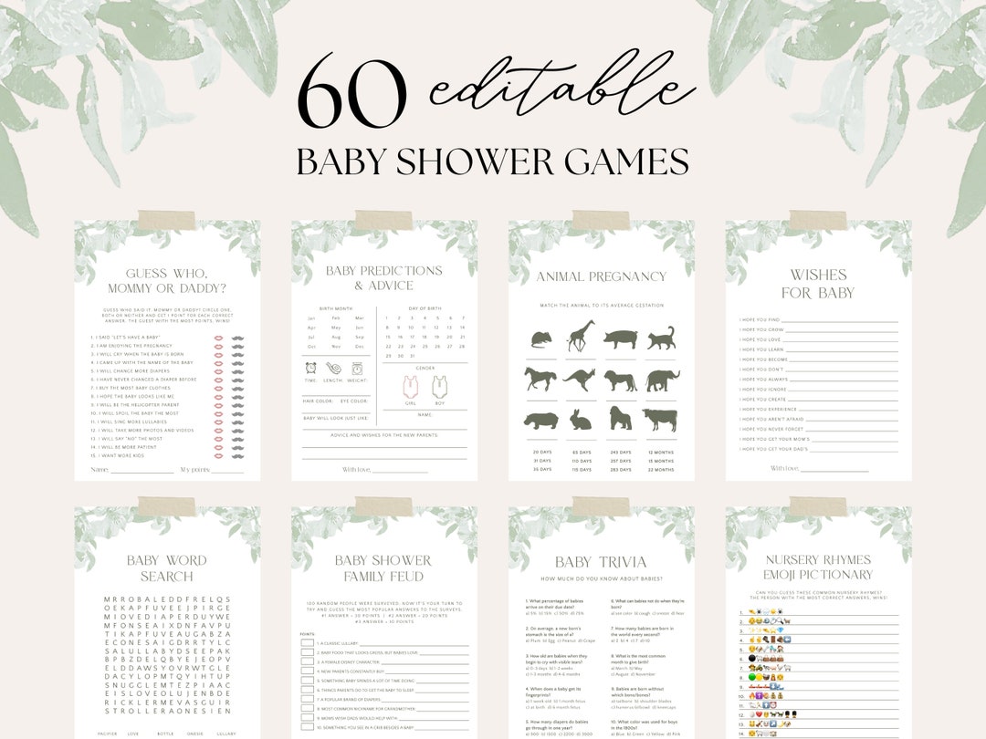 Editable Greenery Baby Shower Game Bundle, Green Floral Game Template ...